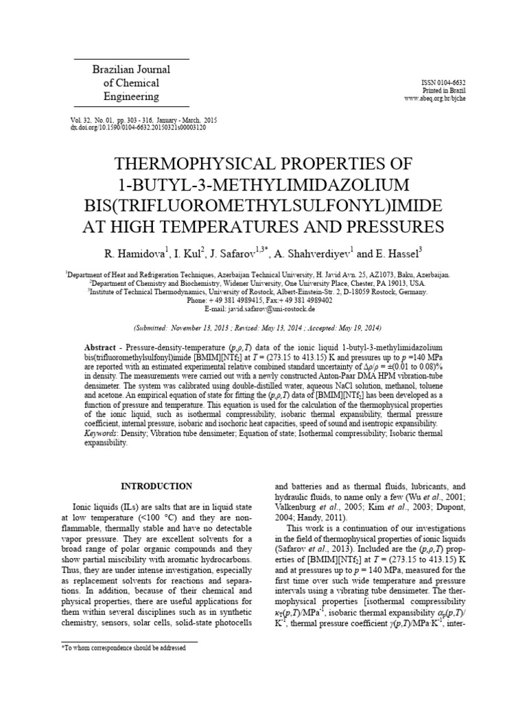 Thermophysical Properties of 1-Butyl-3-Methylimida | PDF | Liquids | Pressure
