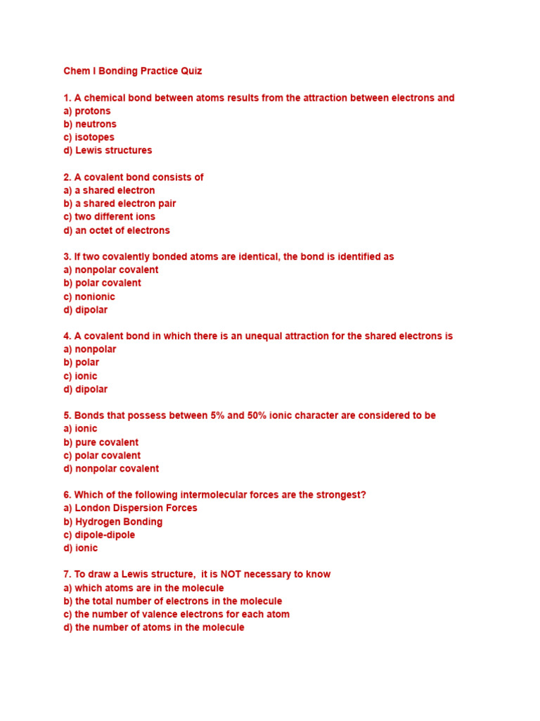 Chemical Bonding Quiz Overview | PDF | Chemical Bond | Chemical Polarity