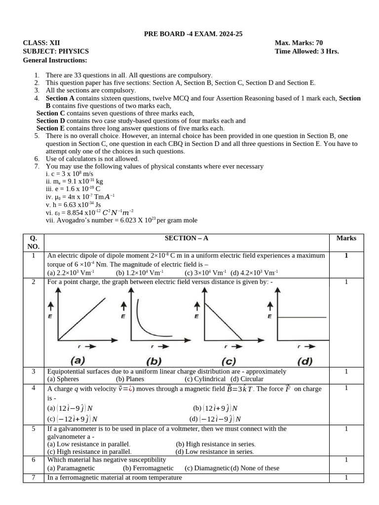 XII - PHY Sample Paper 2024-25 | PDF | Electromagnetic Induction | Photoelectric Effect