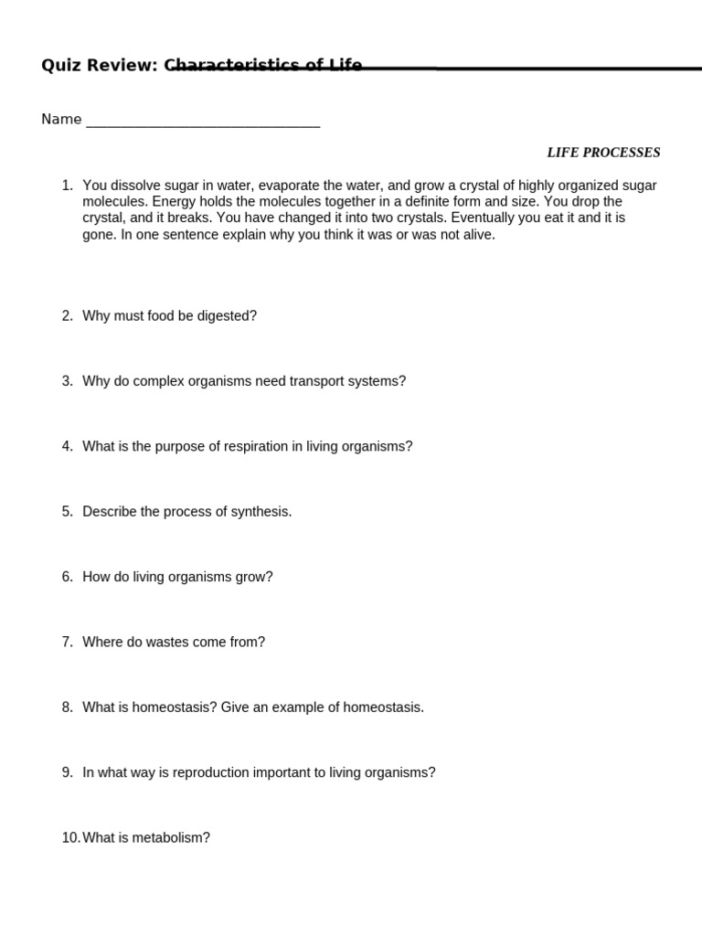Characteritics of Life Quiz Review | PDF