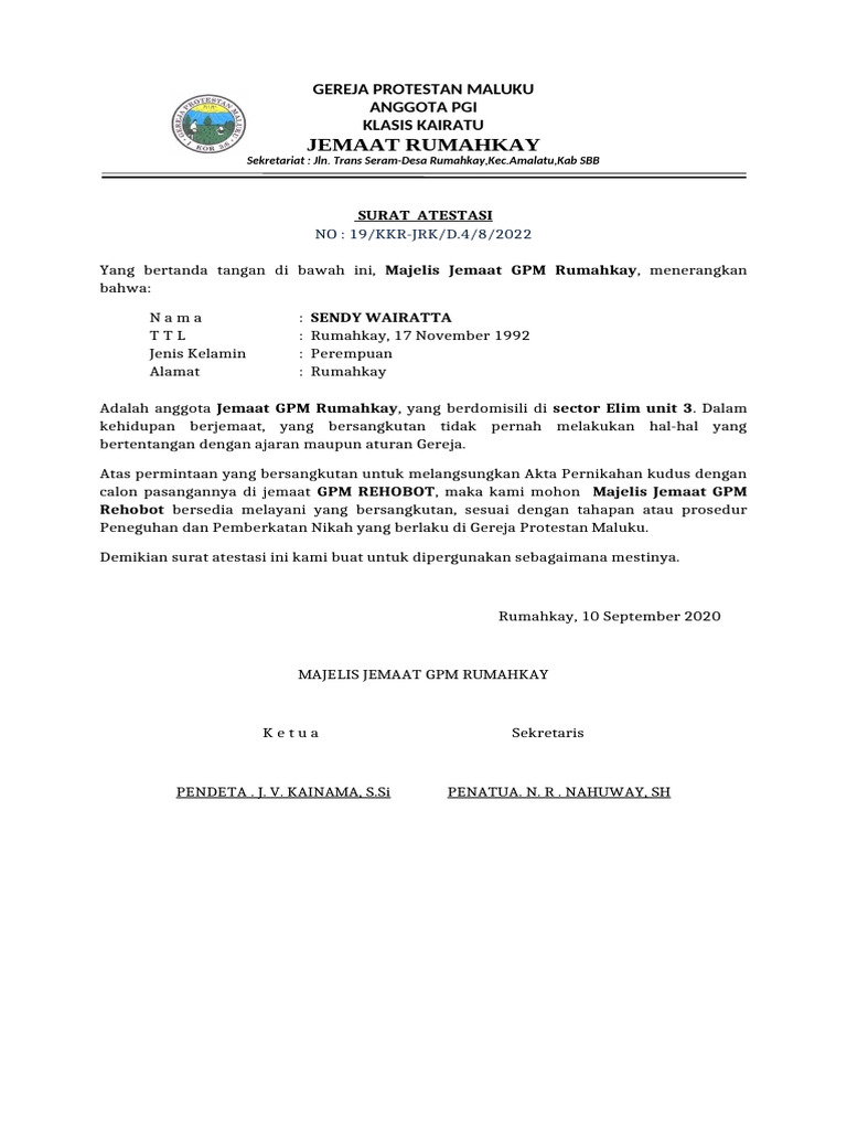 Surat Atestasi Jemaat GPM Rumahkay | PDF