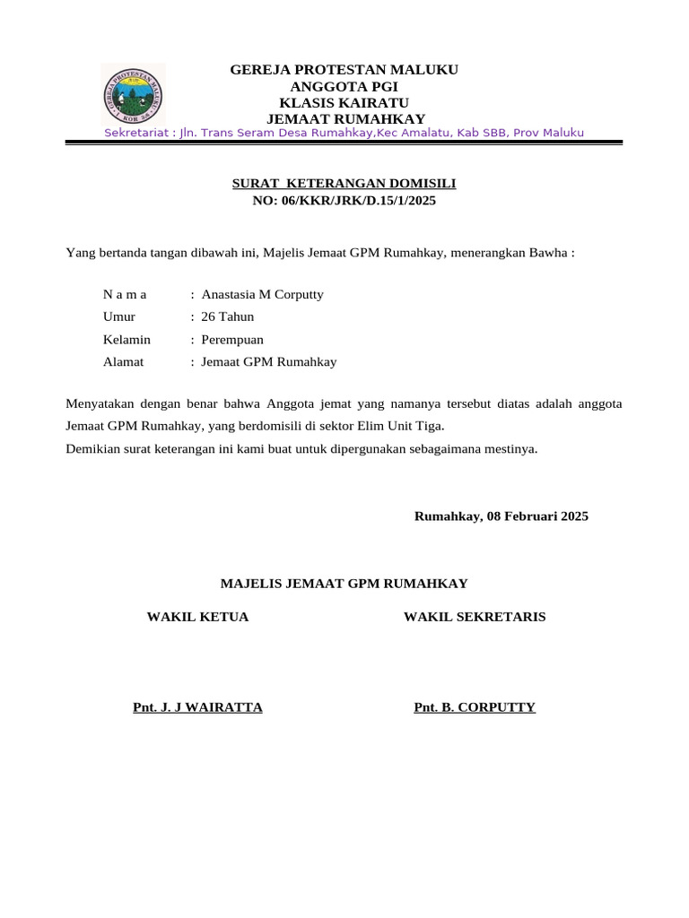 Surat Keterangan Domisili Jemaat GPM | PDF