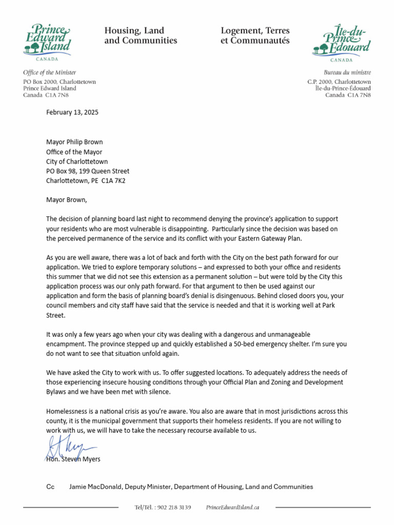 February 13 2025 Letter To Mayor Brown From Minister Myers | PDF