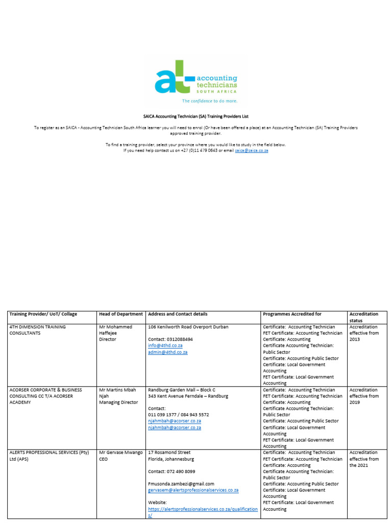 SAICA Accredited Training Providers List | PDF | Accounting | Financial ...