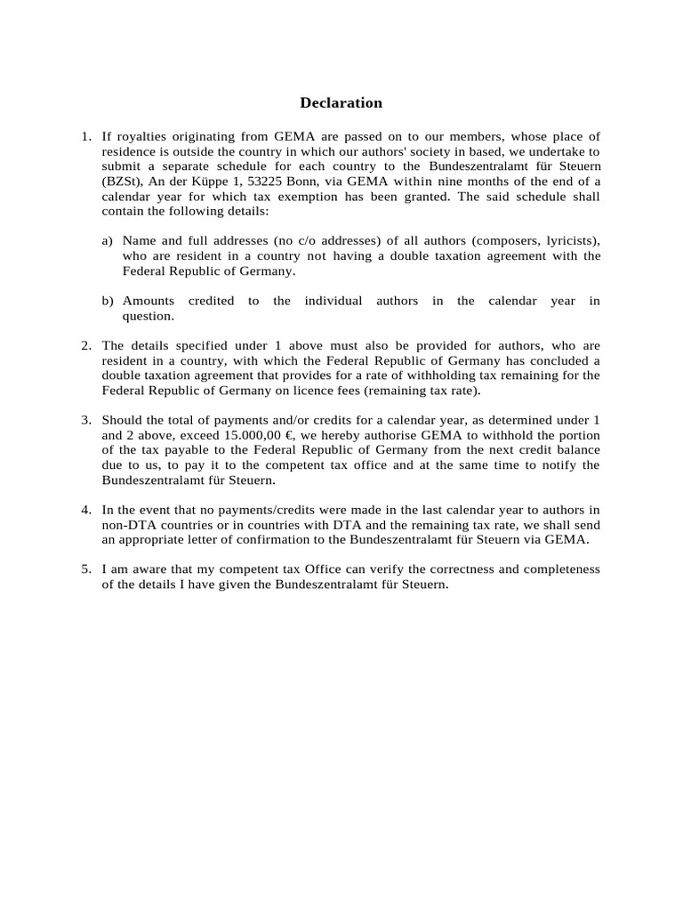 GEMA Royalty Tax Declaration Guide | PDF