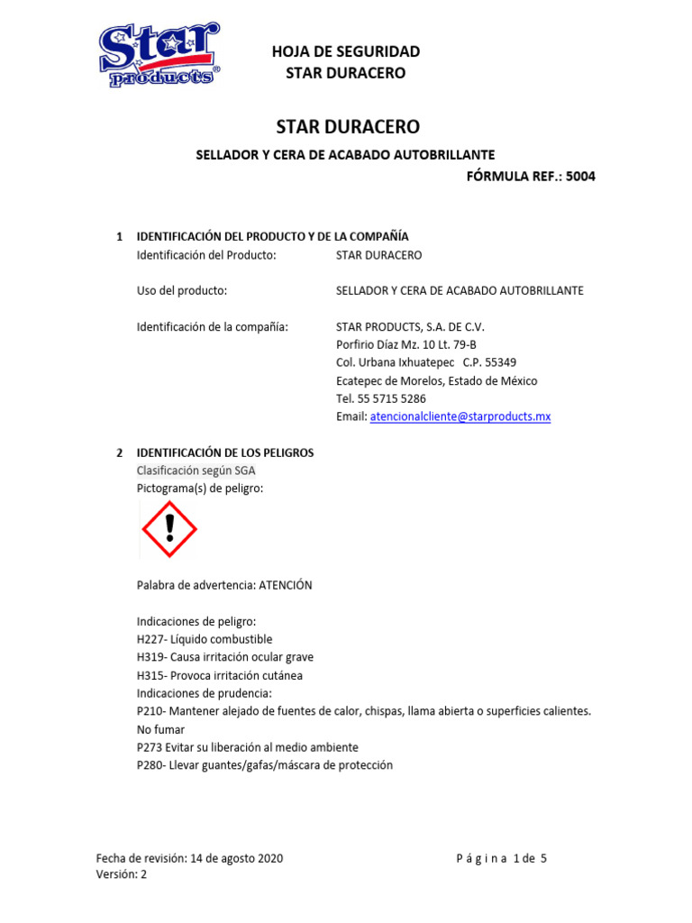 5004 Star Products - Star Duracero MSDS | PDF | Residuos | Agua
