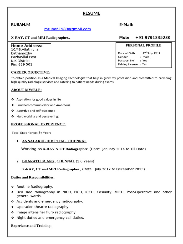 Ruban.M_Resume | PDF | Ct Scan | Radiography