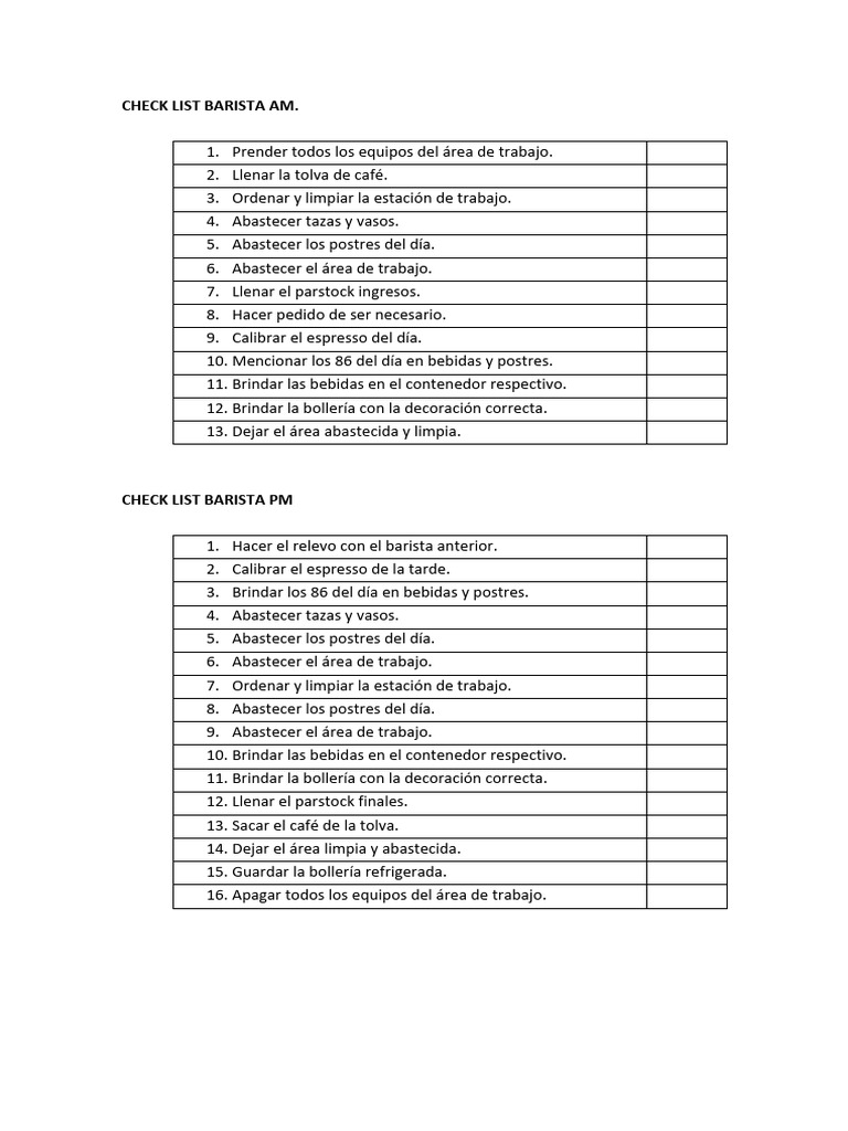 Checklist Completo para Baristas | PDF