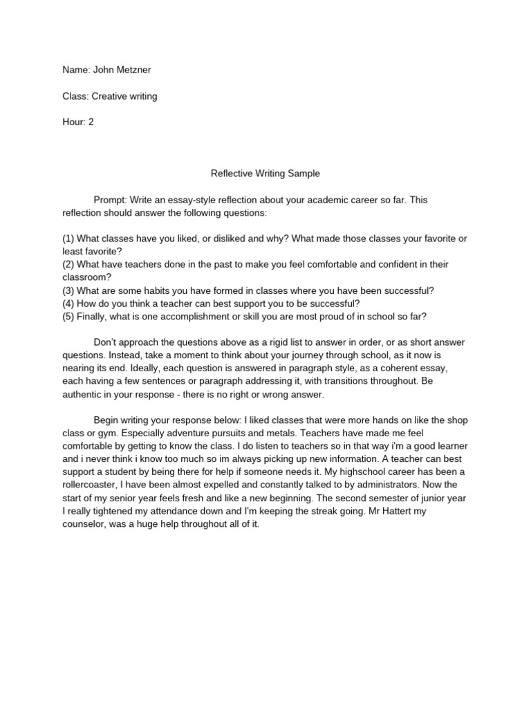 John Metzner - Reflective Writing Sample Prompt (1) | PDF