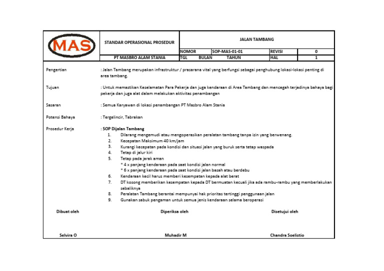 SOP PT MAS Di Jalan Tambang | PDF