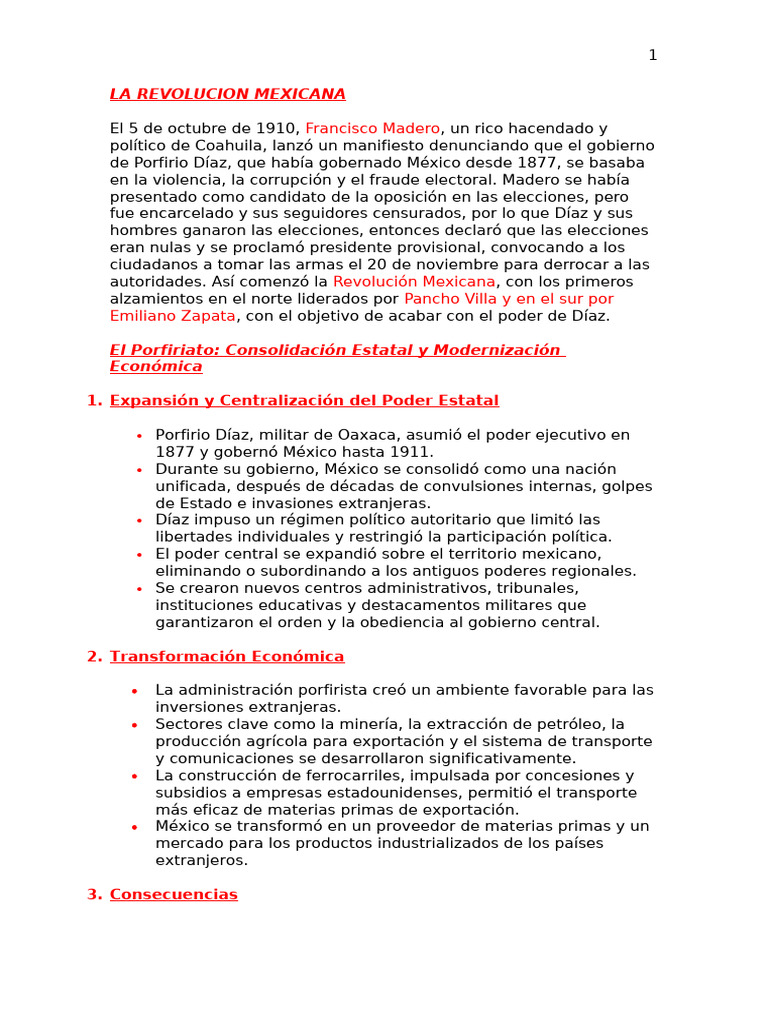 LA REVOLUCION MEXICANA resumen | PDF | revolución mejicana | México