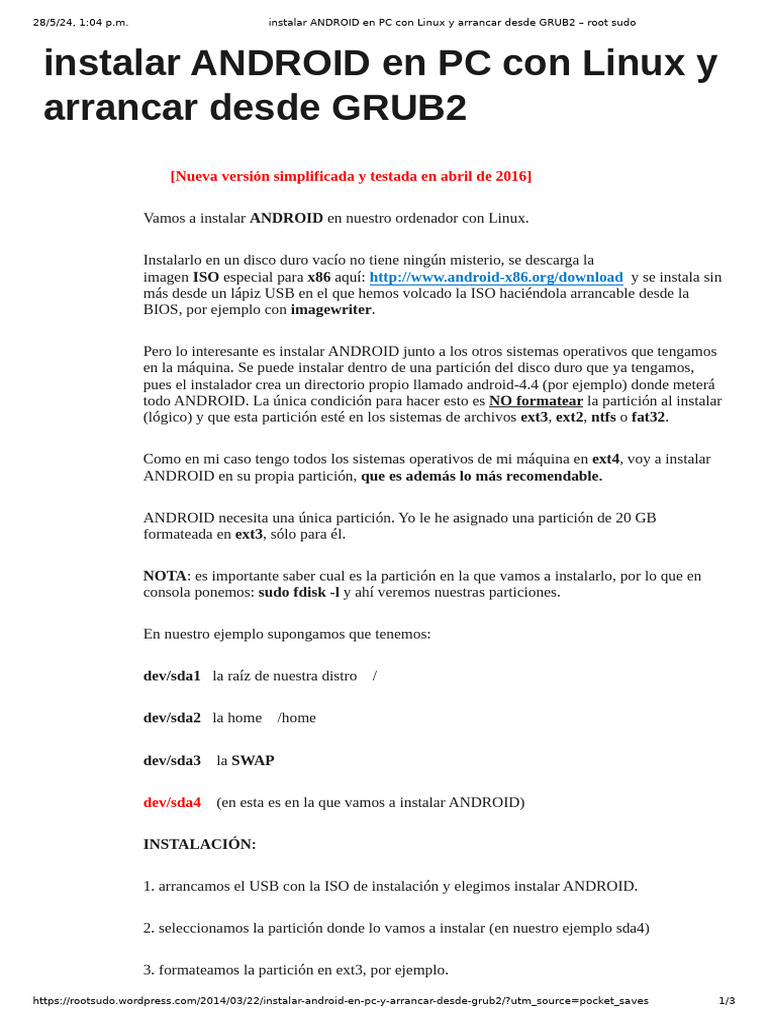Instalar Android en Linux con GRUB2 | PDF | Arranque | Distribución de Linux