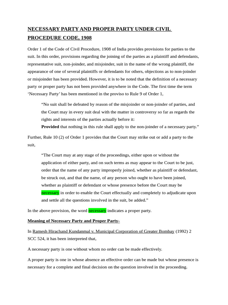 Necessary vs. Proper Parties in CPC | PDF | Lawsuit | Legal Procedure