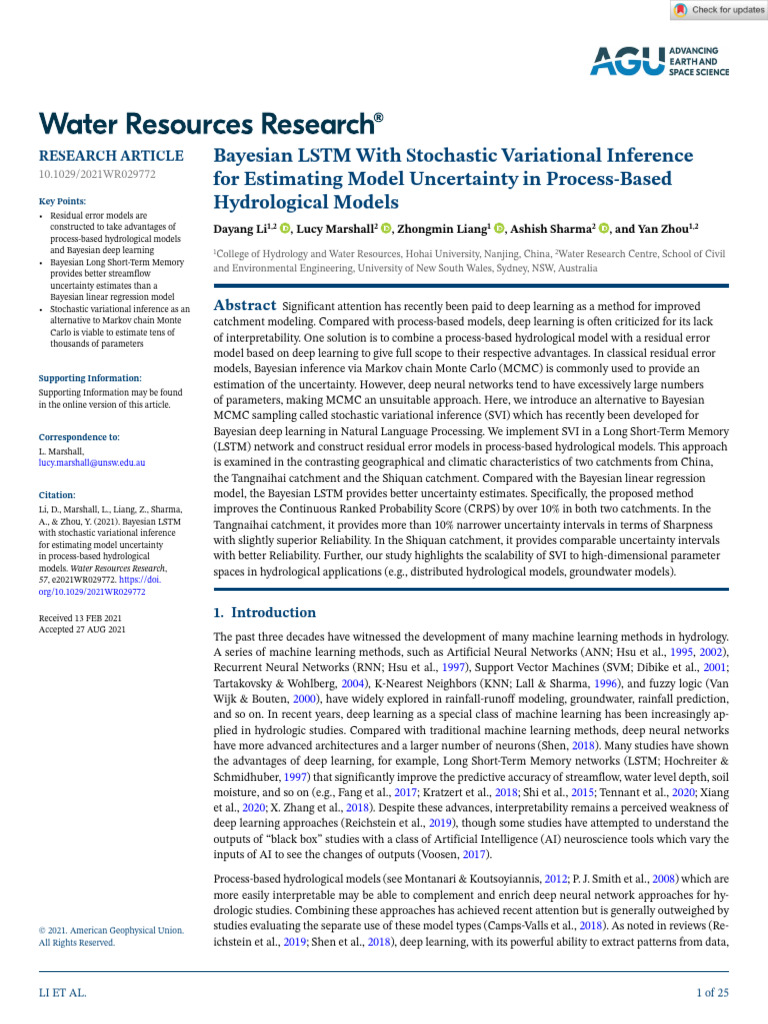 Water Resources Research - 2021 - Li - Bayesian LSTM With Stochastic Variational Inference For ...