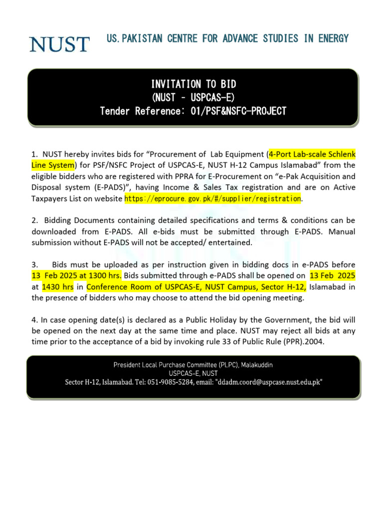 Invitation To Bid (Nust - Uspcas-E) Tender Reference: 01/PSF&NSFC ...
