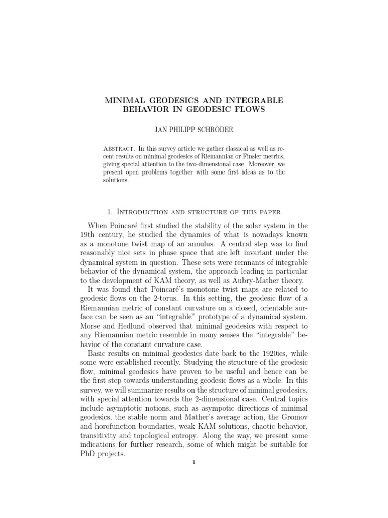 MINIMAL GEODESICS AND INTEGRABLE BEHAVIOR IN GEODESIC FLOWS | PDF ...
