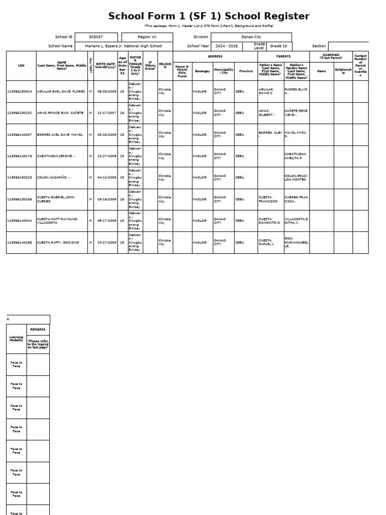 SF1 - 2024 - Grade 10 Year IV A 4 | PDF