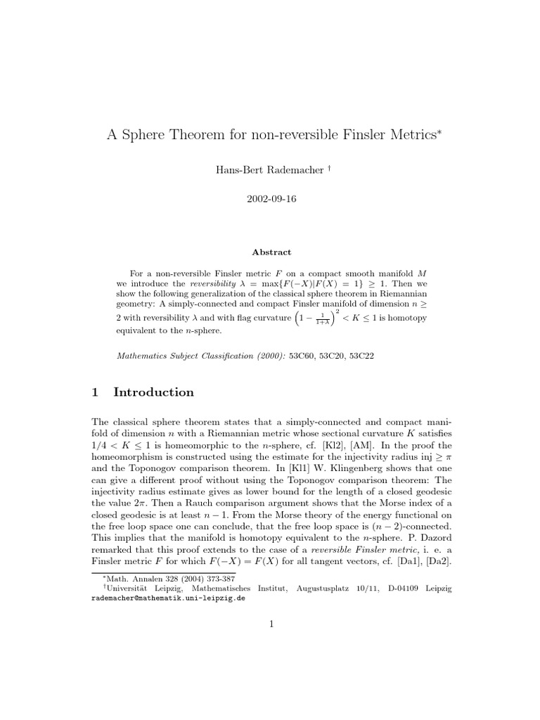 Sphere Theorem for Non-Reversible Finsler Metrics | PDF | Curvature ...