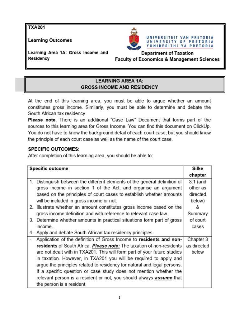LA 1A Learning Outcomes 2025 Gross Income and Residency TXA201 | PDF ...