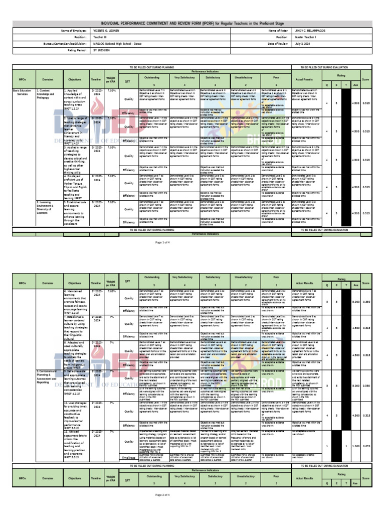 IPCRF for Proficient Stage Teachers | PDF | Lesson Plan | Learning