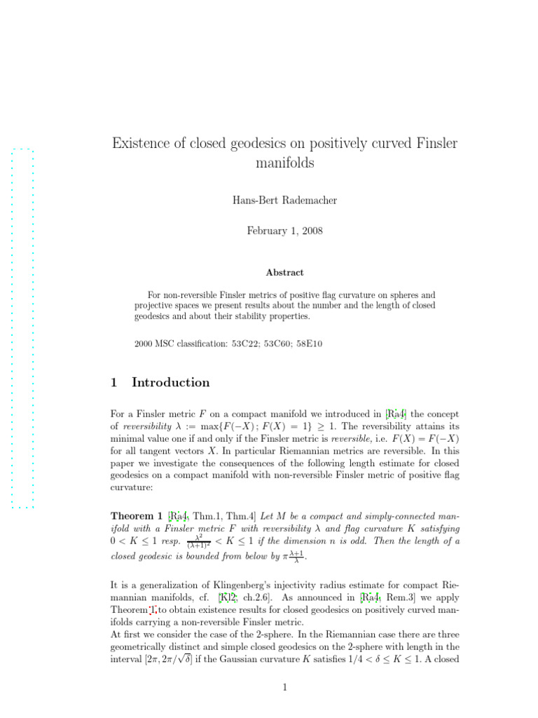 Closed geodesics on positively curved Finsler manifolds | PDF ...