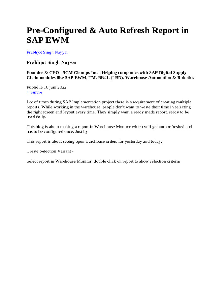 ALV - Refresh Report in SAP EWM | PDF