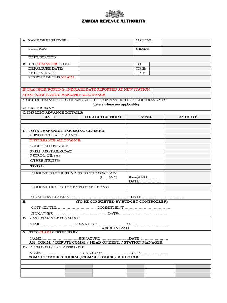 ZRA Travel and Allowance Claim Form | PDF | Government Finances