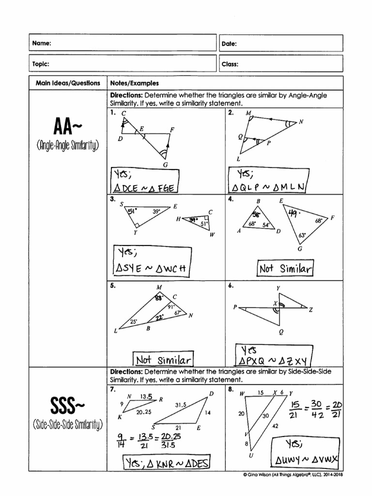 SImilarity Theorems Worksheet Solutions | PDF
