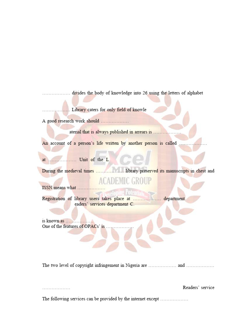 GNS 101 Past Questions (250 Questions) | PDF | Libraries | Books