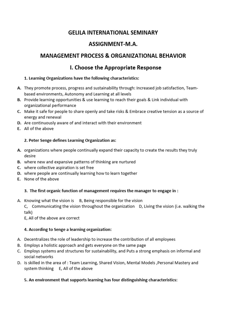 Management Process & Organizational Behavior Assignment | PDF | Leadership | Learning