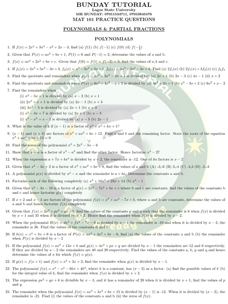 Bunday_tutorial_Mat101_Polynomials&Partialfractions_practice_qsts | PDF | Zero Of A Function ...