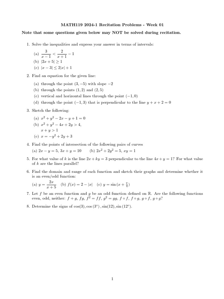 MATH119 Fall 2024 Recitation 1 | PDF