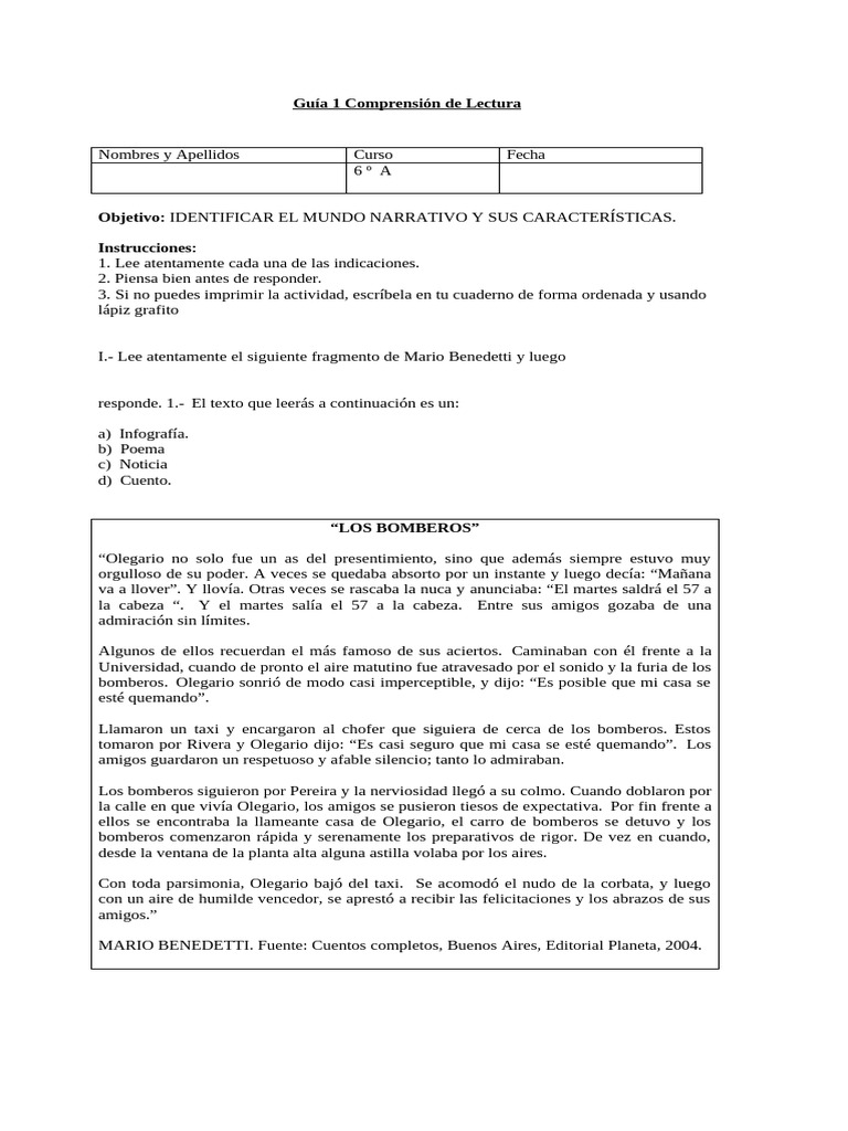 6° Básico Lenguaje 3 Comprensión Lectora | PDF | Narración