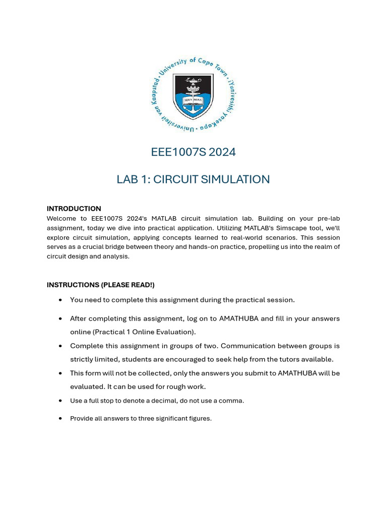 EEE1007S LAB 1 Instruction Sheet | PDF
