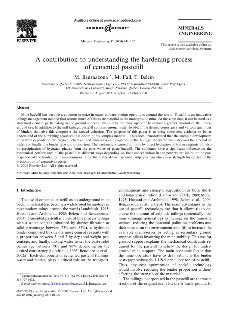Hardening Processes in Cemented Pastefill | PDF | Cement | Mining