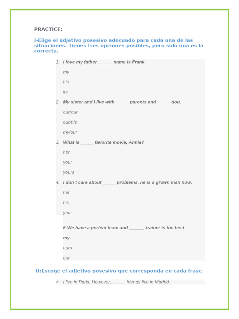 Spanish Possessive Adjectives Practice | PDF