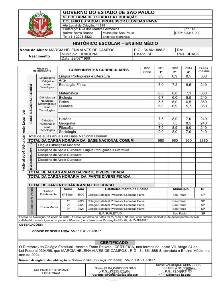 Historico Escolar Medio | PDF | Faculdade | São Paulo