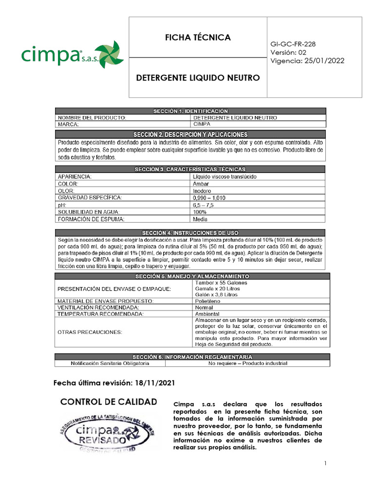 FT Detergente Líquido Neutro V1 | PDF