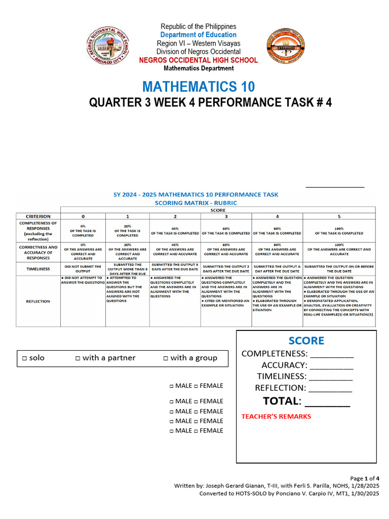 Sy2024 25 Math10 q3 Pt4 Gianan Parilla Carpio Convert Hots Solo | PDF