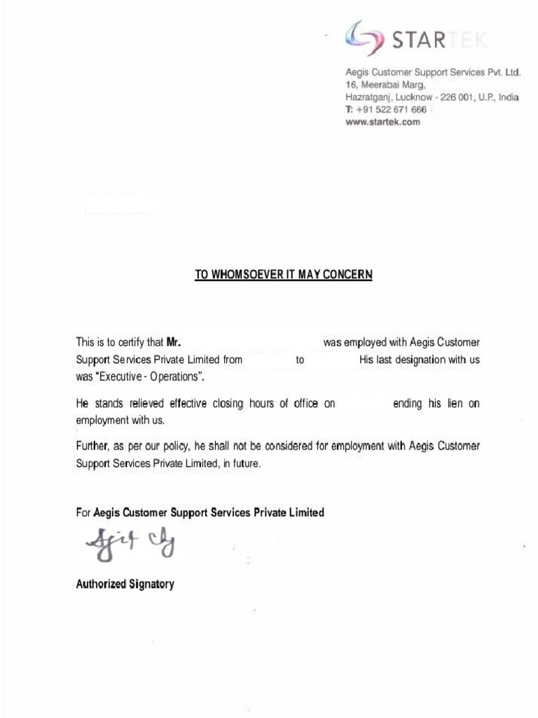 Aegis Relieving Letter | PDF