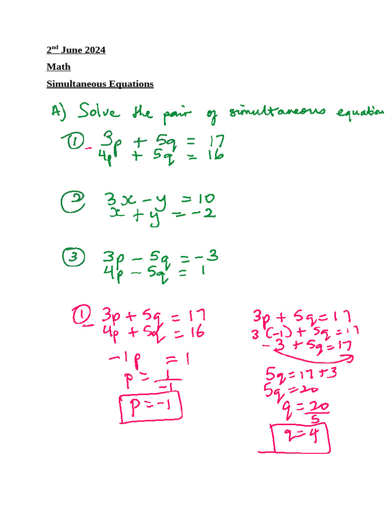 2nd June 2024 Math Simultaneous Equations | PDF