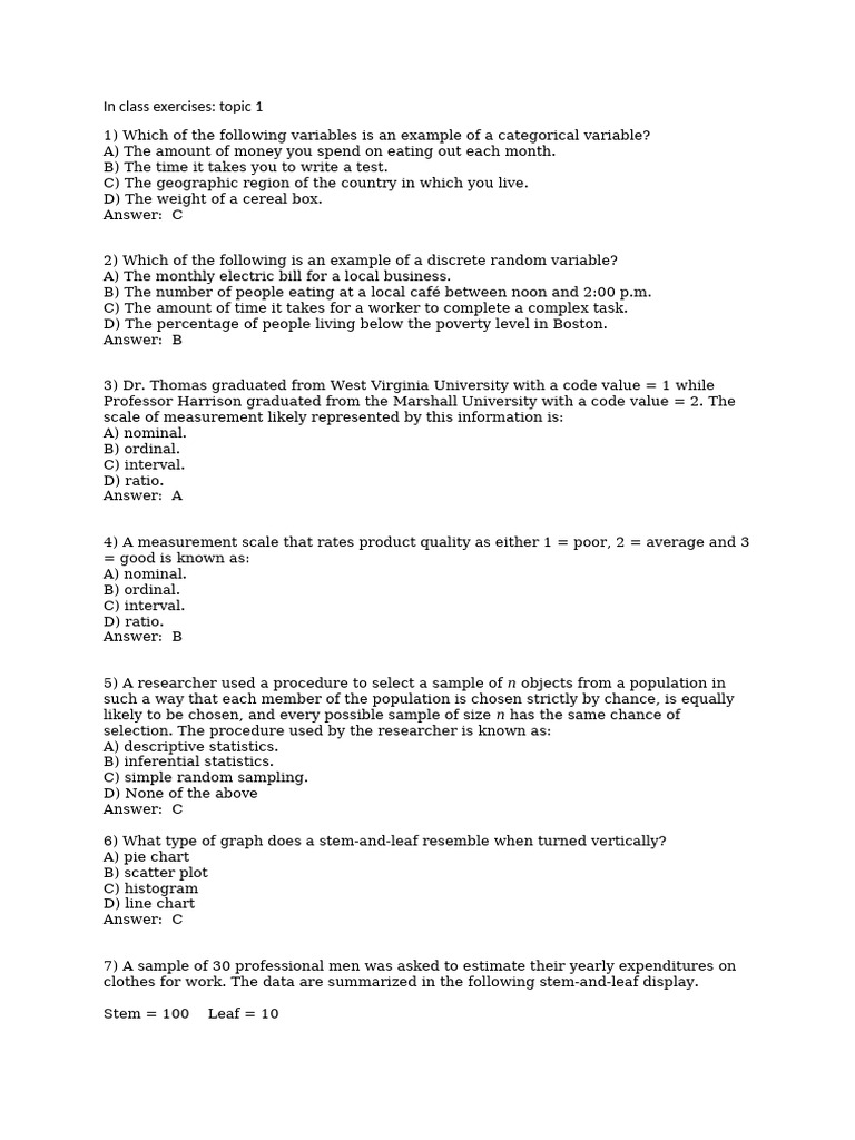 In Class Exercises T1 With Final Solutions | PDF | Level Of Measurement ...
