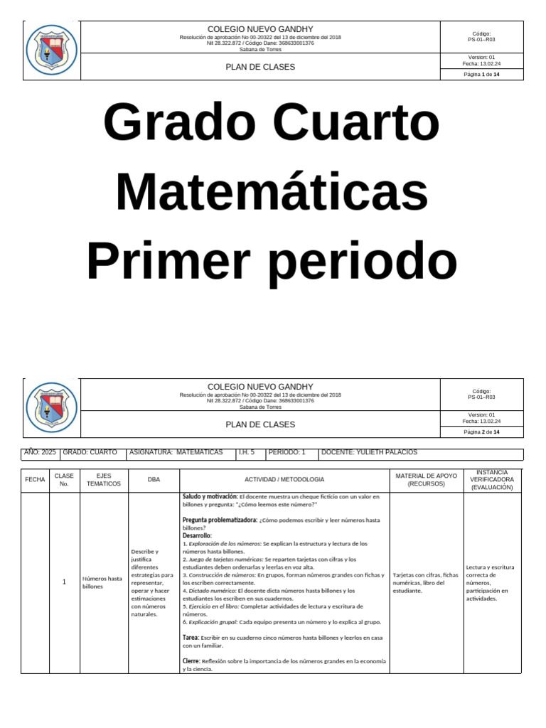 Plan de Clases Matemáticas 4° Grado | PDF | Sustracción | Multiplicación