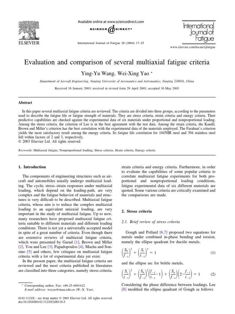Evaluation and Comparison of Several Multi Axial Fatigue Criteria | PDF ...