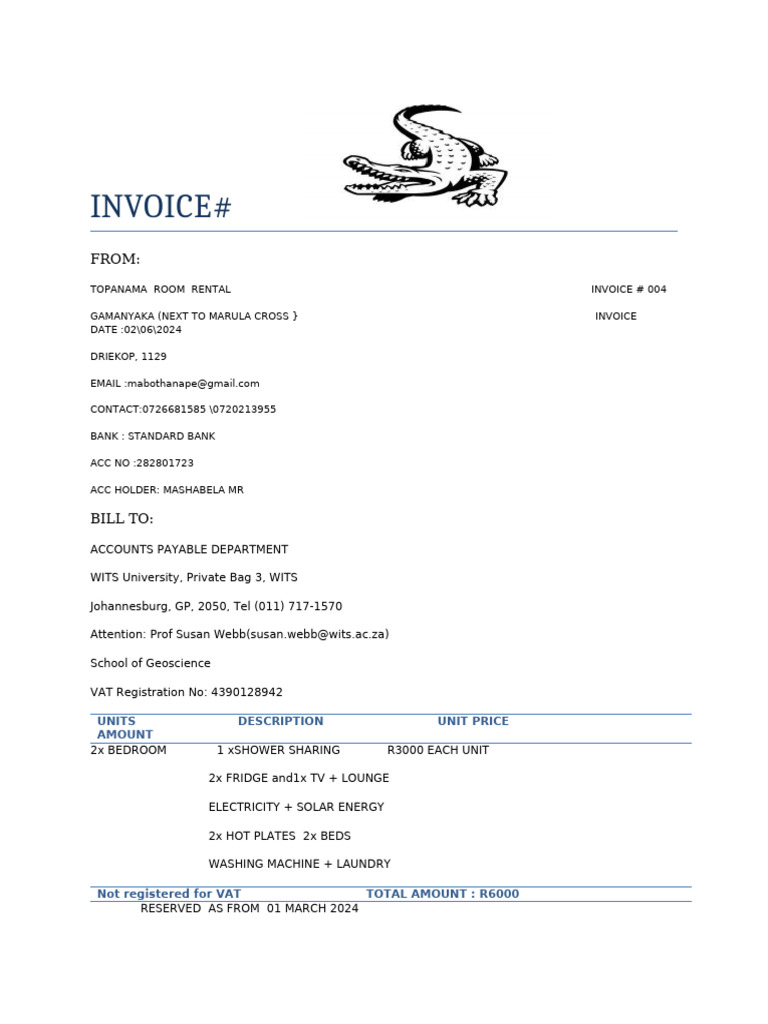 Invoice 004 to University of the Witwatersrand Revised | PDF