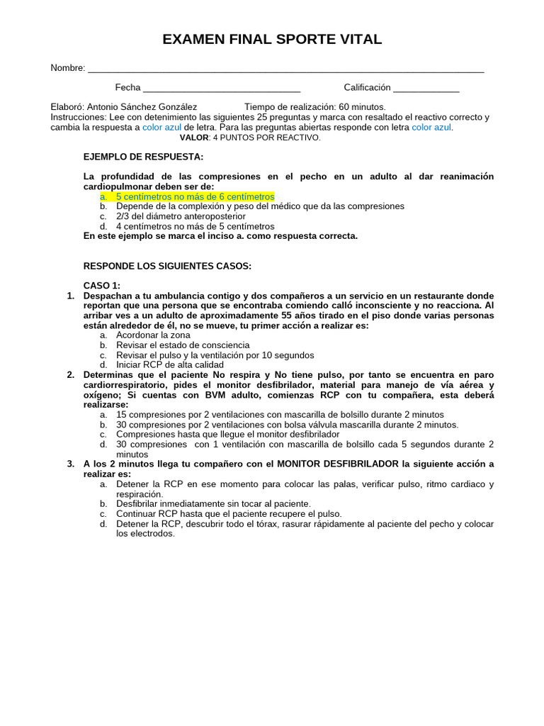 Examen Final de RCP y Emergencias Médicas | PDF | Reanimación cardiopulmonar | Emergencias Médicas