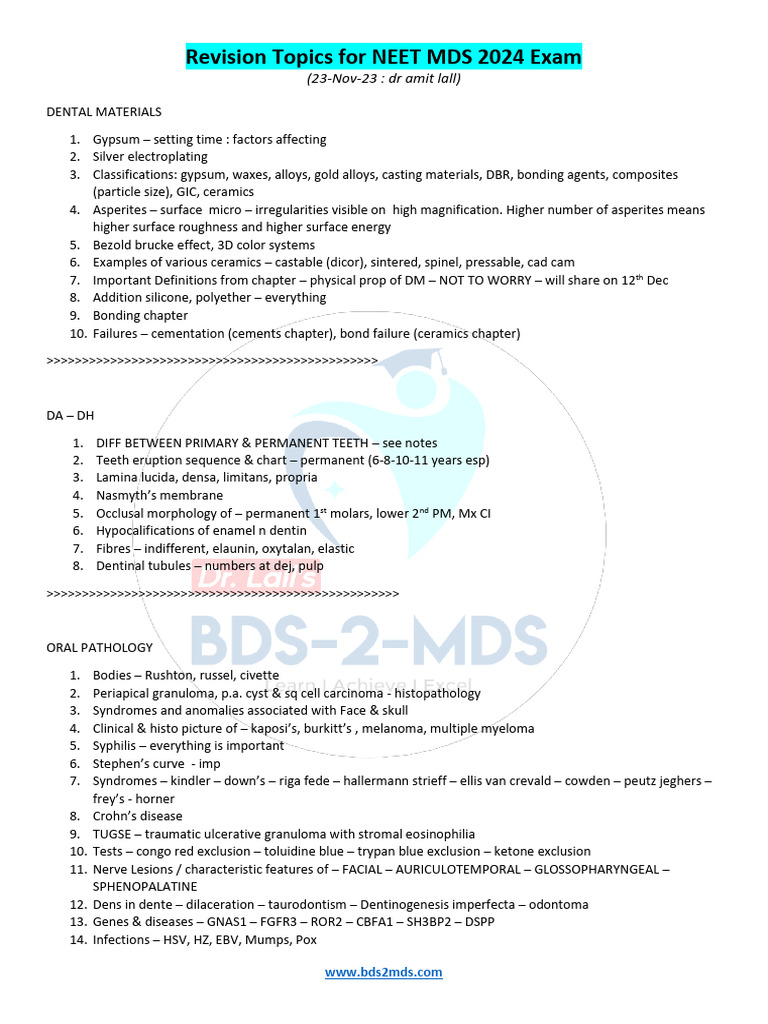 23-Nov-23 - Revision Topics For Neet Mds 2024 | PDF | Dental Implant | Periodontology