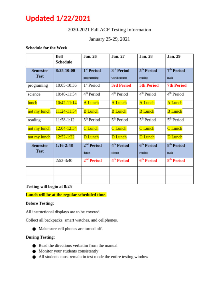 Test Schedule - Fall ACP January 2021 | PDF