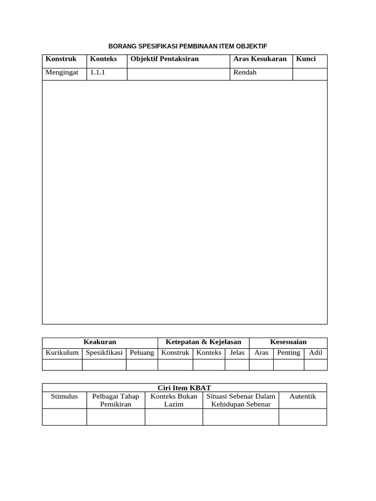 Borang Spesifikasi Pembinaan Item Objektif | PDF