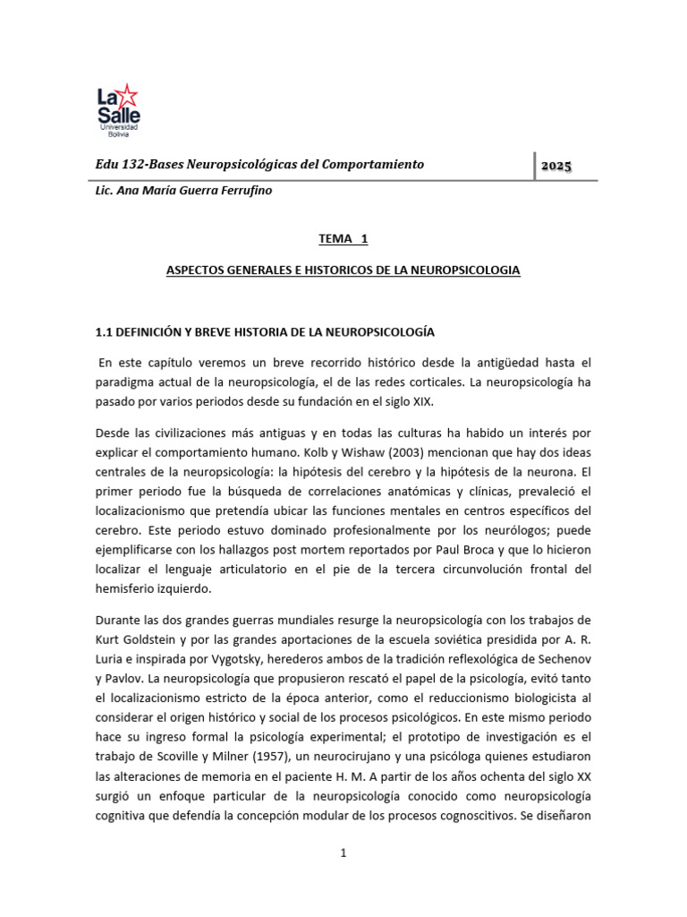 Bases Neuropsicologicas Compto Tema 1 Aspectos Generales Historicos Neuropsicologia | PDF ...